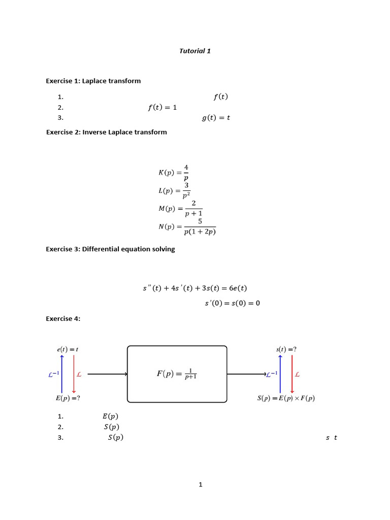 Exercise 1: Laplace Transform: Tutorial 1 | PDF