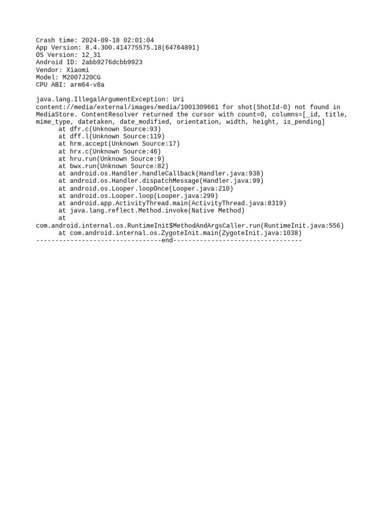 Xiaomi App Crash Report: MediaStore Error | PDF