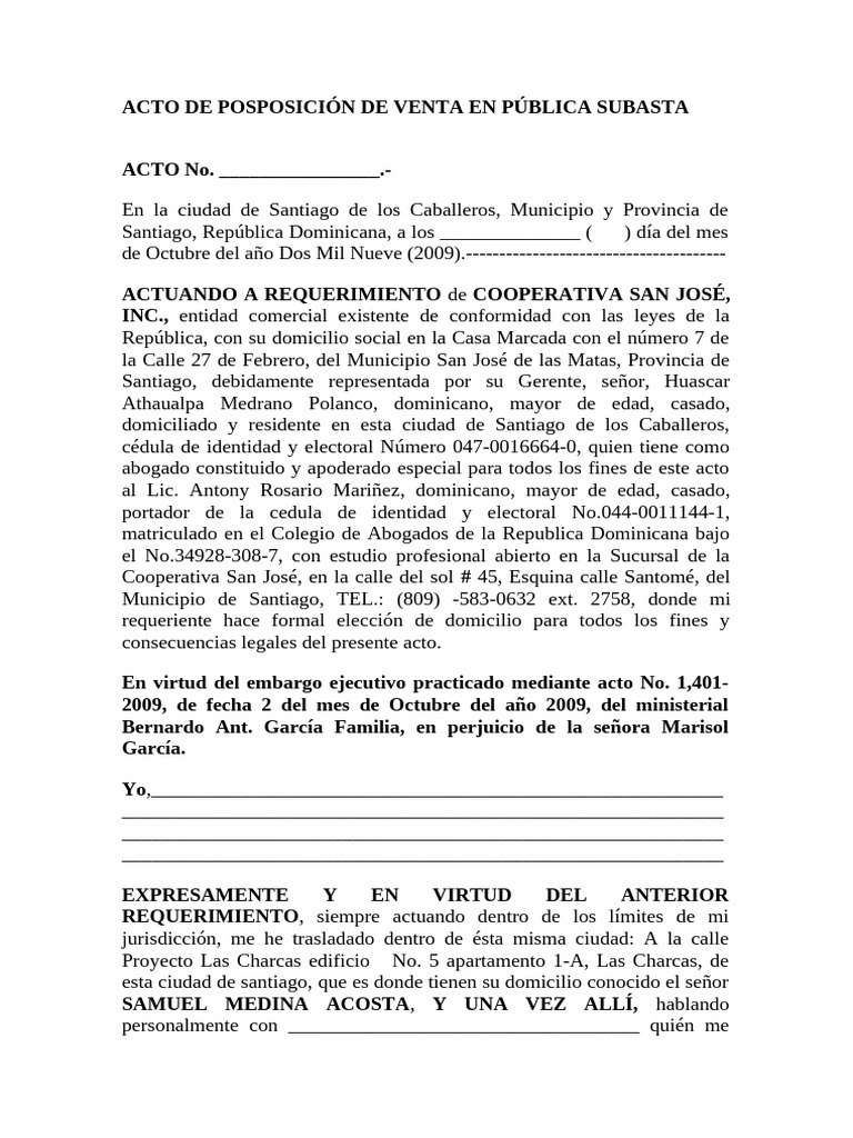 Acto de Posposición de Venta en Publica Subasta | PDF | Gobierno