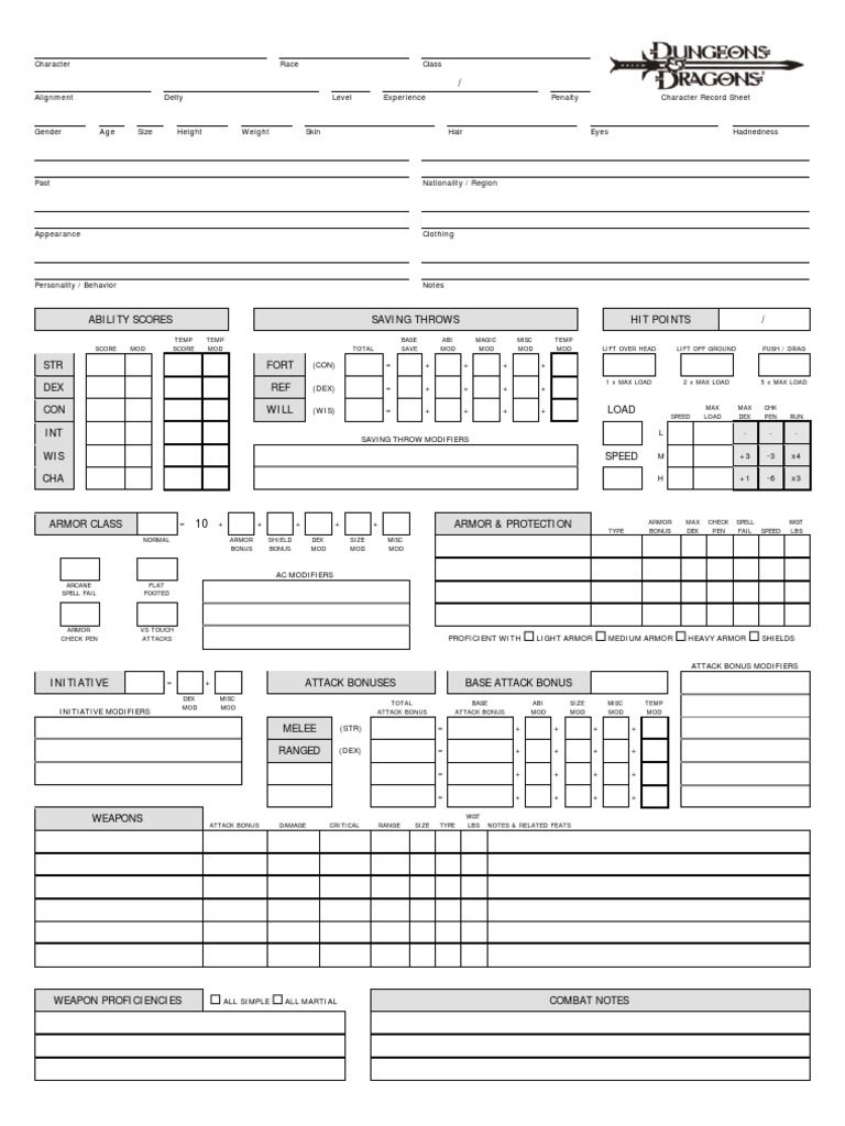 D&D 3.5 Character Sheet Template | PDF | Role Playing Games | Gaming