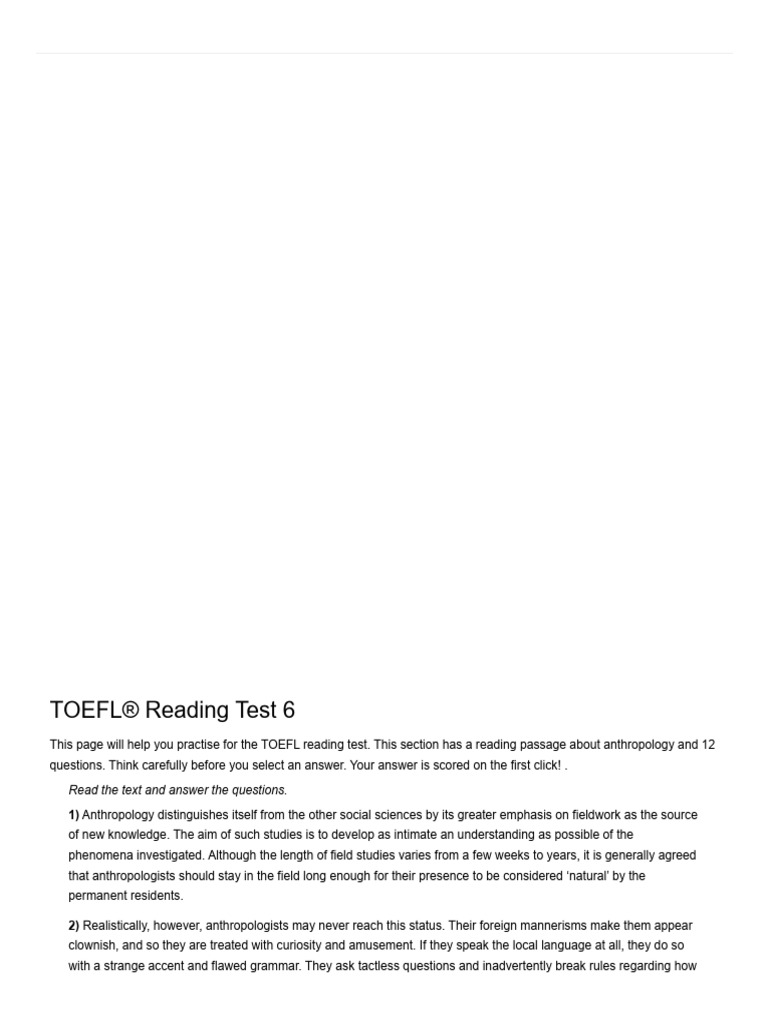 TOEFL® Reading Test 6 - Free Practice Exercises From Exam English | PDF ...