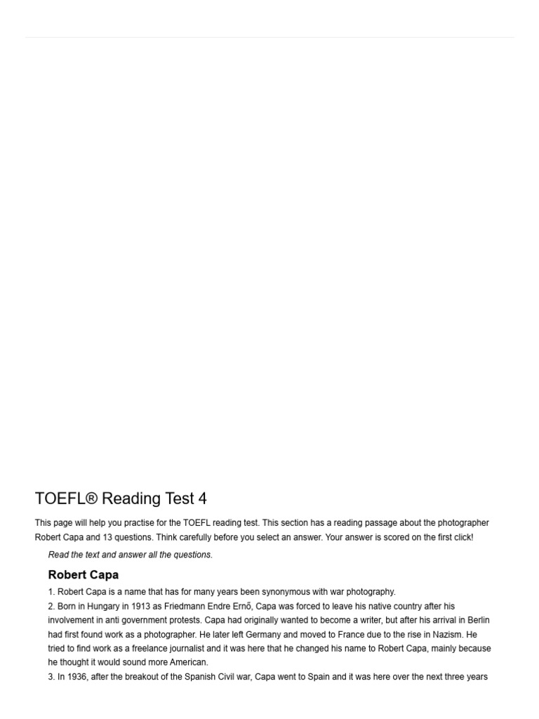TOEFL Reading Practice: Robert Capa | PDF