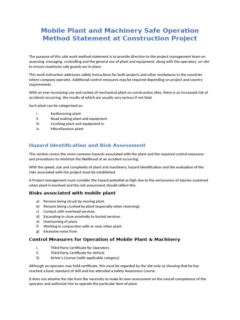 Mobile Plant Safety Method Statement | PDF | Trailer (Vehicle) | Forklift