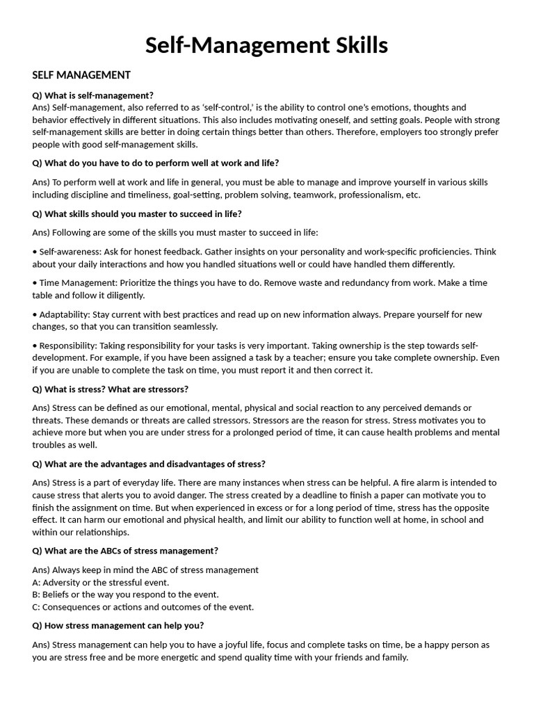 Essential Self-Management Skills Guide | PDF | Stress (Biology ...