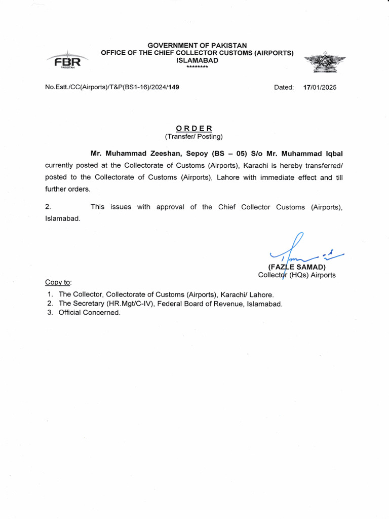 Order (Transfer Posting), Mr. Muhammad Zeeshan, Sepoy | PDF