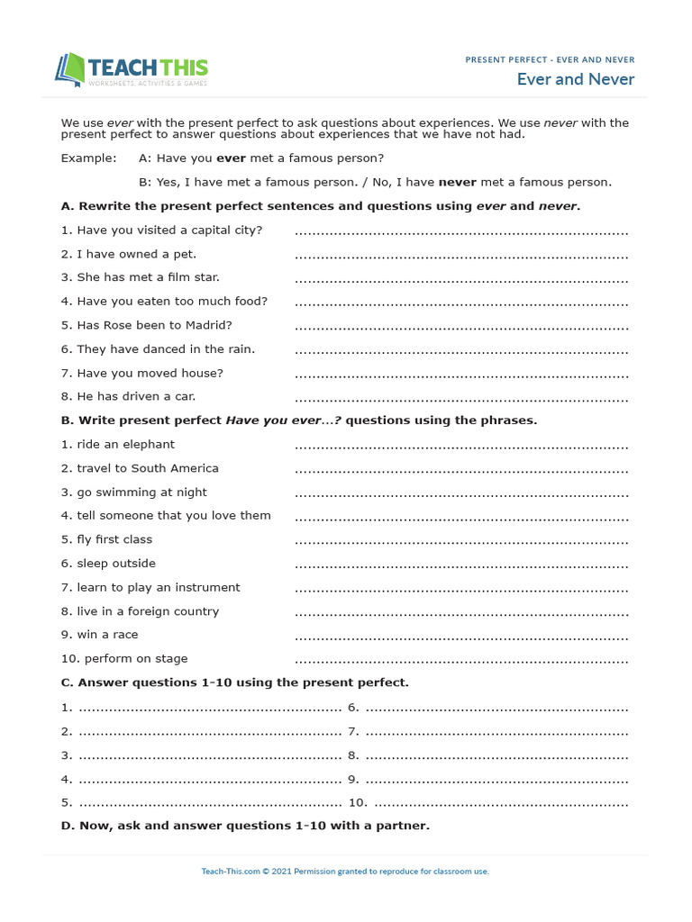Present Perfect Ever and Never Homework | PDF