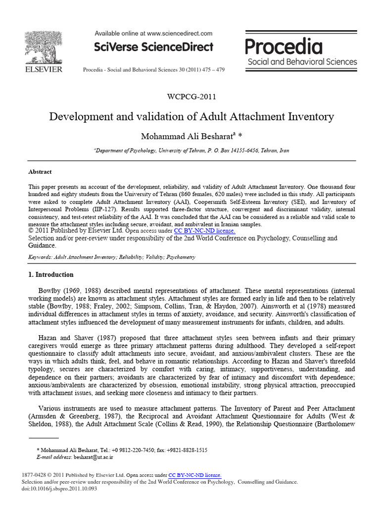 Development and Validation of Adult Attachment Inventory | PDF | Attachment Theory | Psychometrics