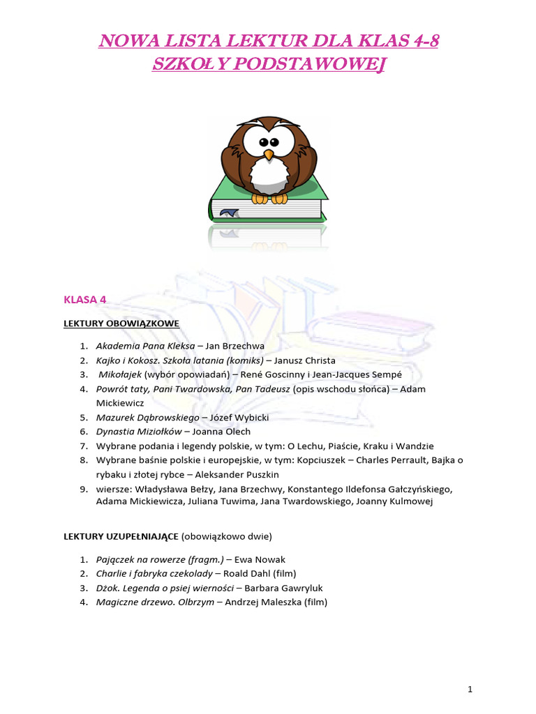 Nowa Lista Lektur Dla Klas 4-8 | PDF