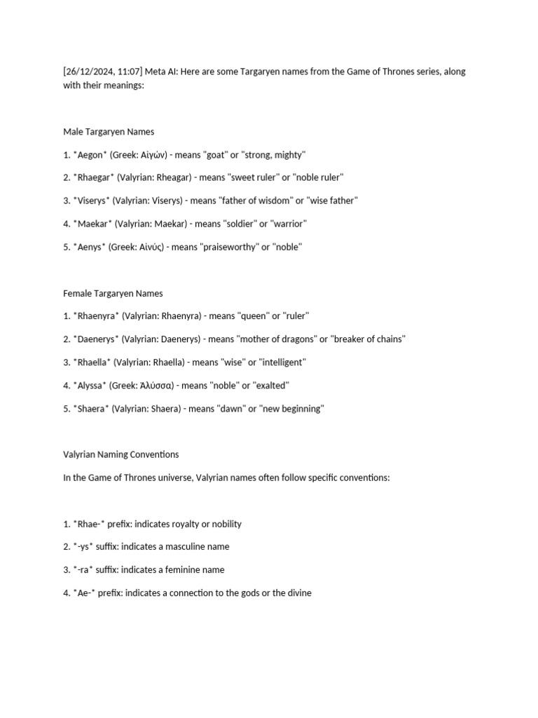 Valyrian Names-WPS Office | PDF | High Fantasy | Fantasy Worlds