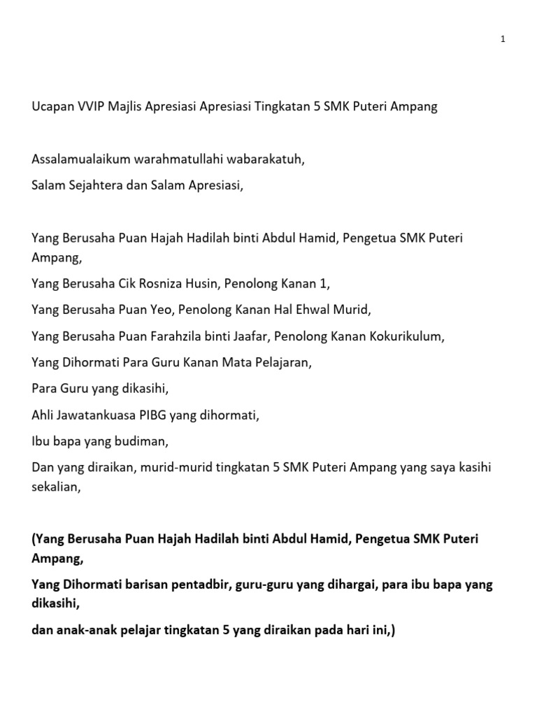 Teks Ucapan Perasmi VVIP Bidang Pendidikan Di Majlis Apresiasi Graduasi ...