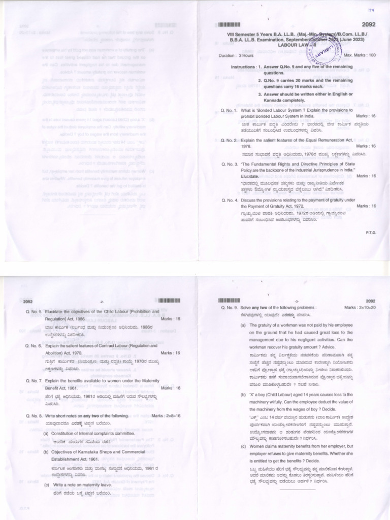 Labour Law - II - Oct2023 - 100marks | PDF | Economies | Labor