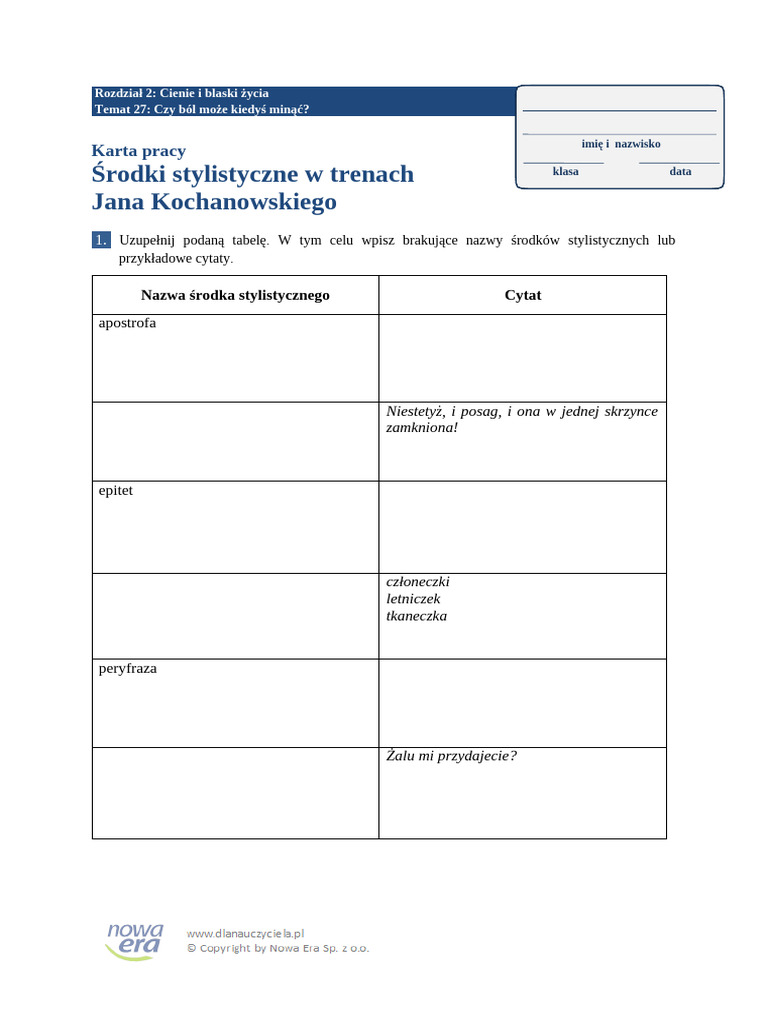 Karta Pracy Do Podrecznika Nauczyciela Srodki Stylistyczne W Trenach ...