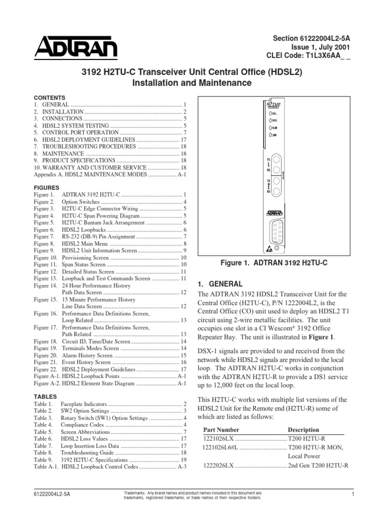 3192 H2TU C Transceiver Unit For The CO HDSL2 I and M Practice | PDF ...