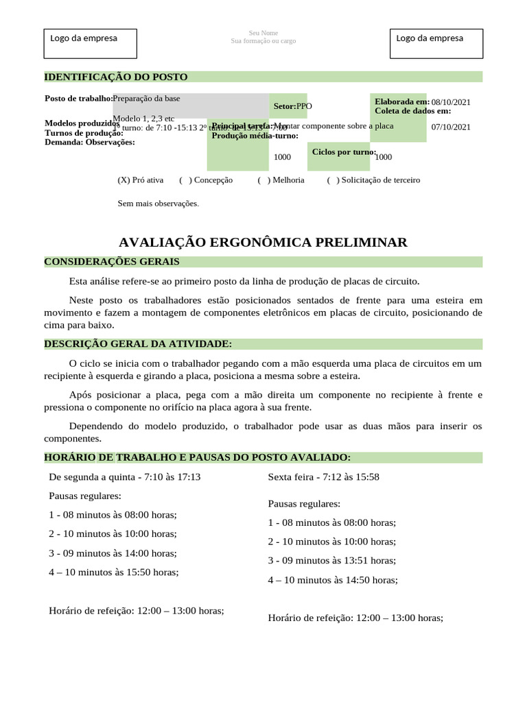 Avaliação Ergonômica Preliminar AEP | PDF | Tempo