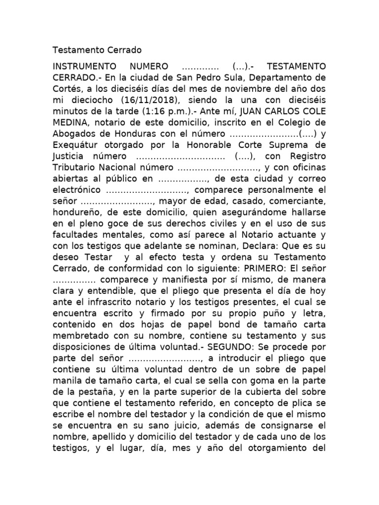 Testamento Cerrado | PDF | Voluntad y testamento
