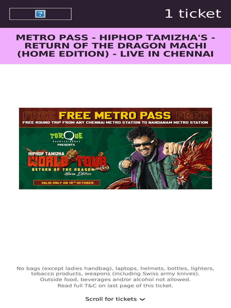 Metro Pass for HipHop Tamizha Concert | PDF