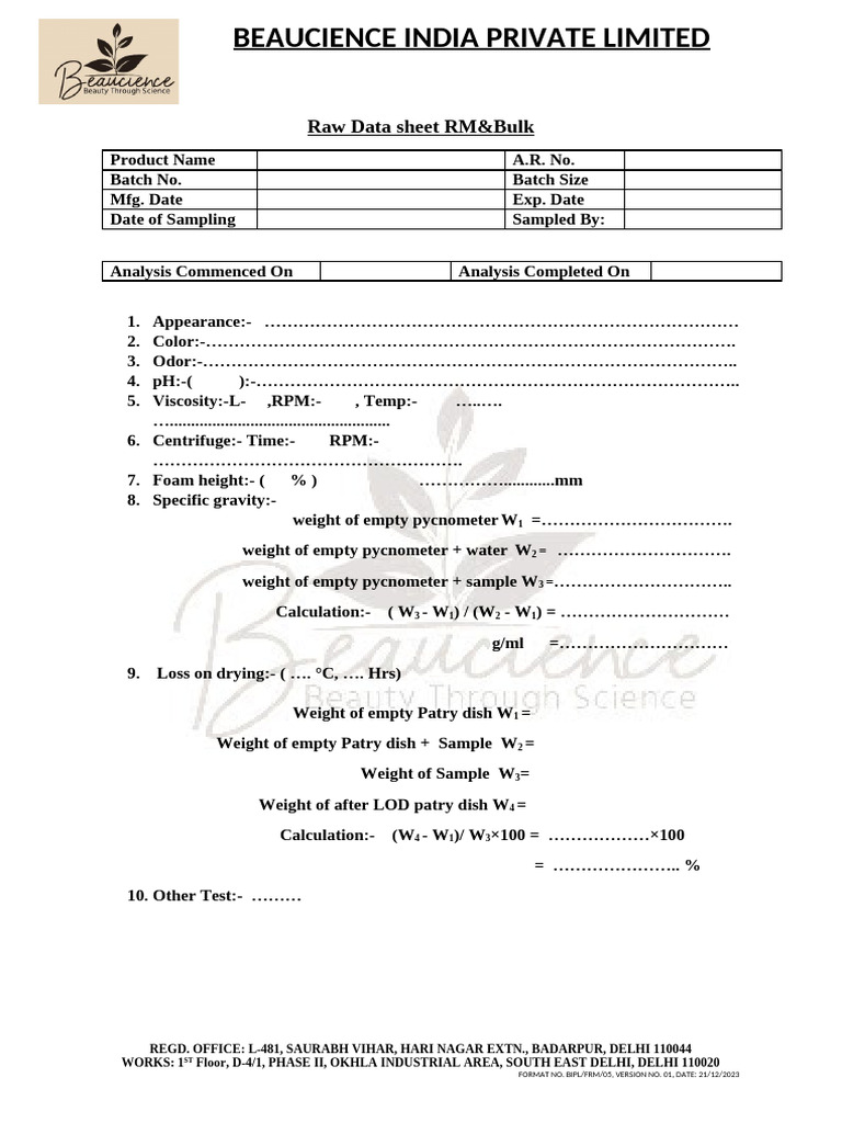 Raw Data Sheet Of Rm Bulk Pdf