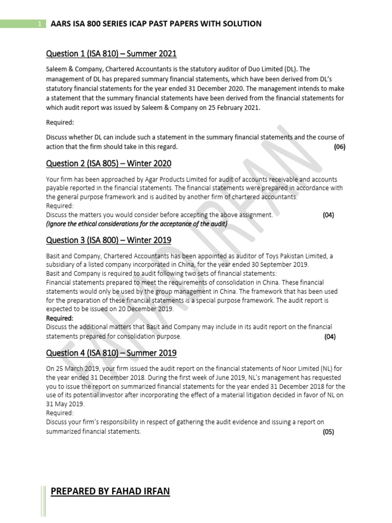 ISA 800 Series Past Papers Solutions | PDF | Auditor's Report | Audit