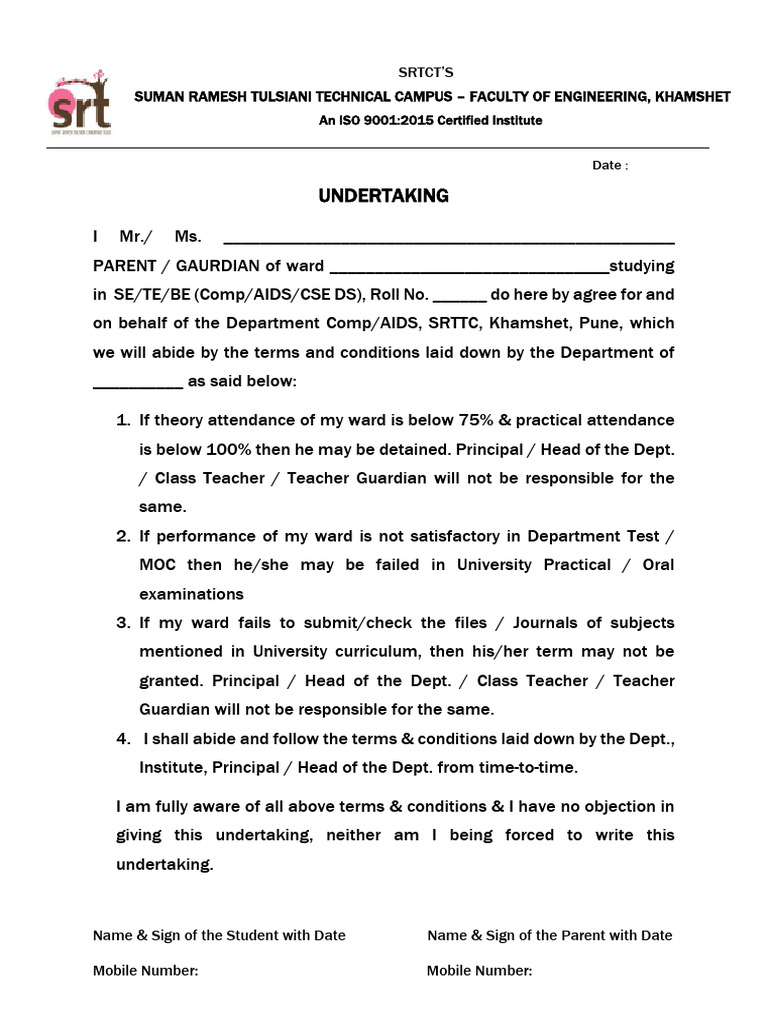 PARENT UNDERTAKING (Less Than 75%) | PDF