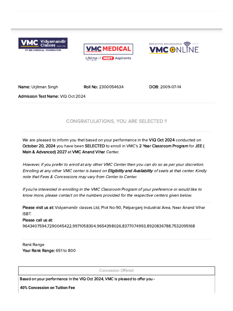 VMC Class 11 & 12 Admission Details | PDF | Cheque