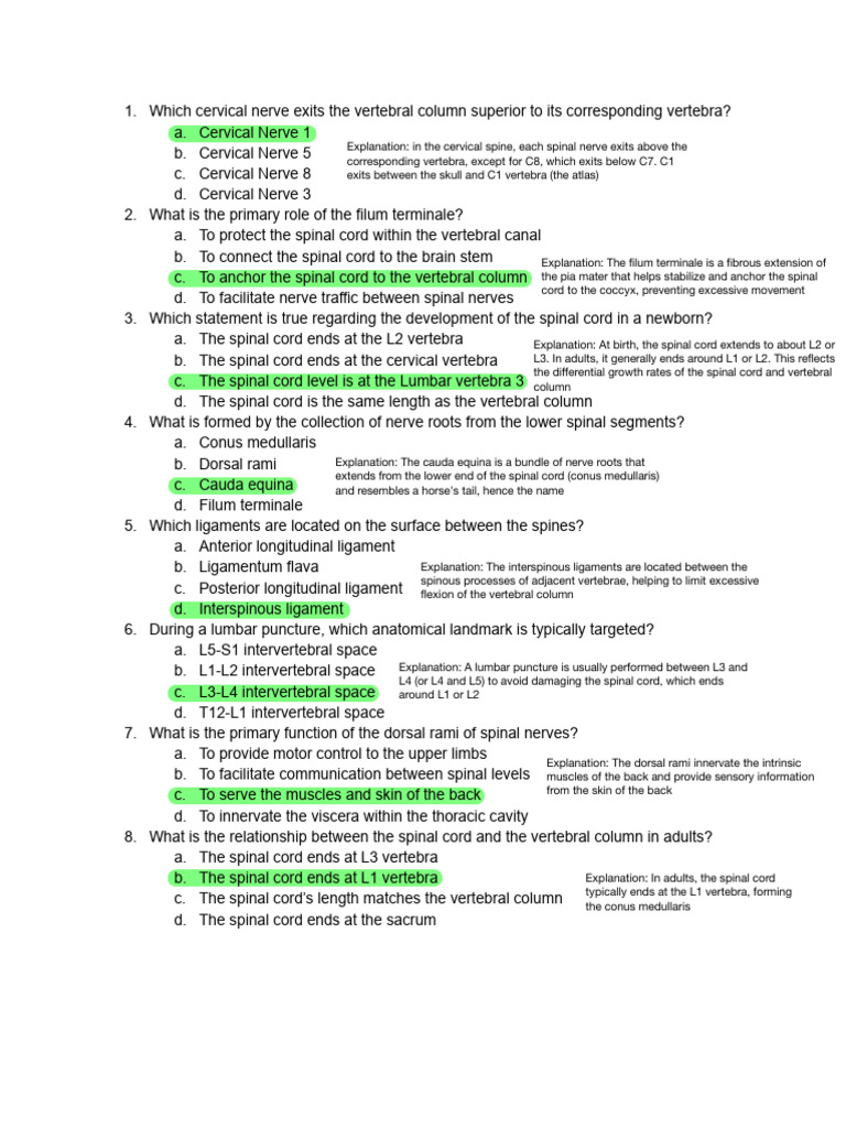 Practice Questions (Lecture #10) | PDF | Vertebral Column | Spinal Cord