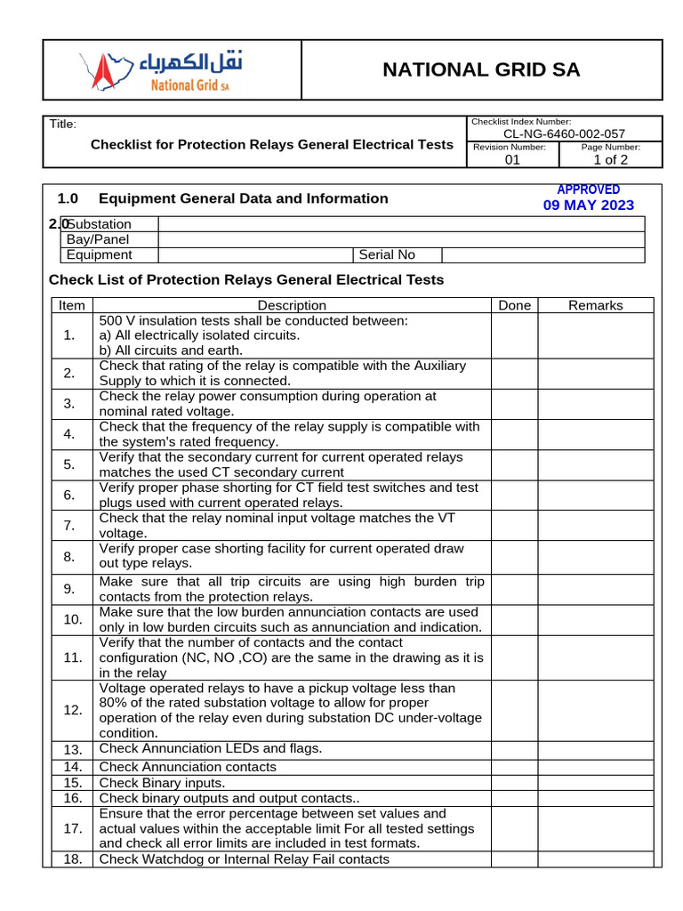 CL-NG-6460-002-057 Checklist For Protection Relays General Electrical ...