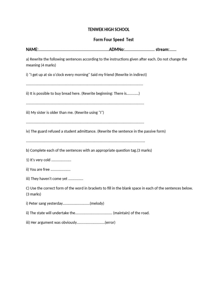 Form Four Speed Test Instructions | PDF