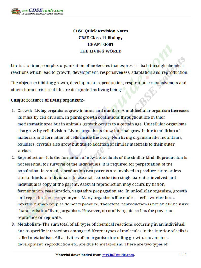 11 Biology Notes Ch01 The Living World | PDF