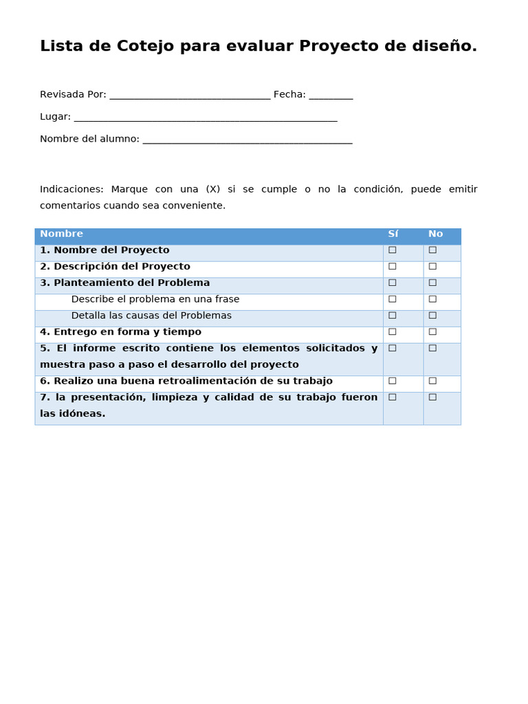 Lista de Cotejo para Evaluar Proyecto | PDF