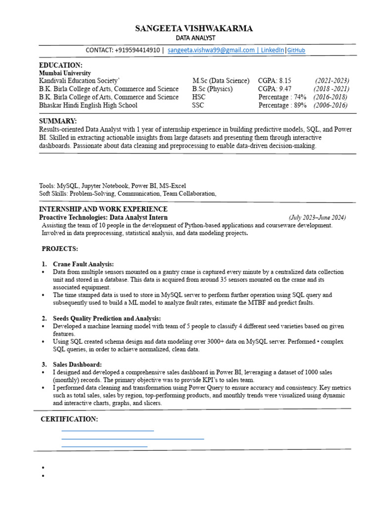 Sangeeta Resume | PDF | Data Science | Data Analysis