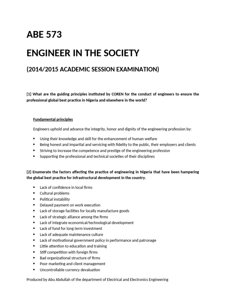 ABE 573 (Engineer in the society)-1 | PDF | Engineering | Engineer