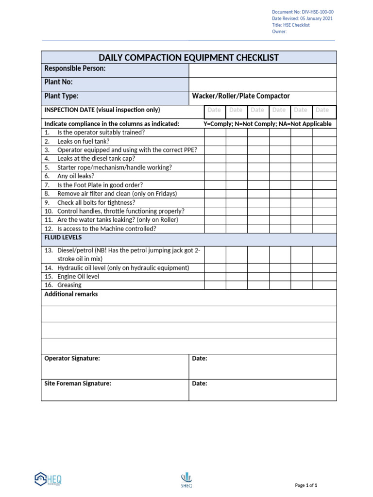 Checklist - Compaction Equipment - 2021 | PDF