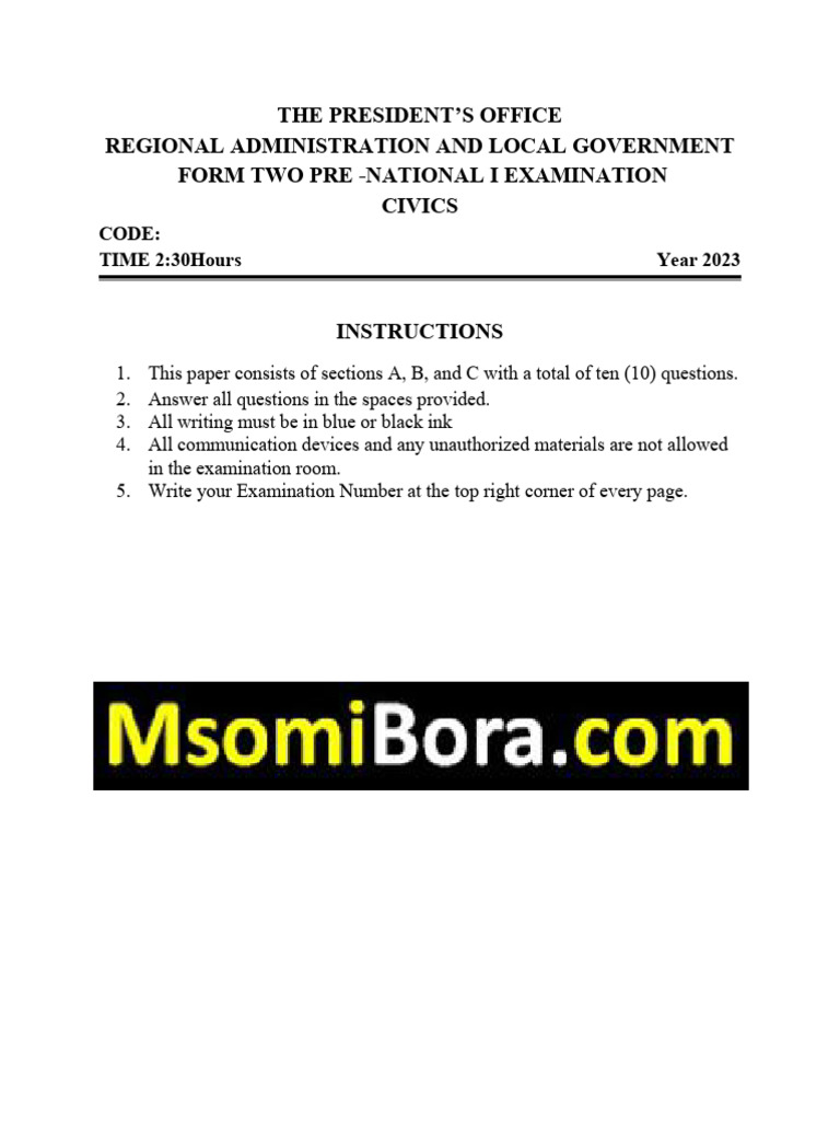 Form Two Civics Pre-National Exam 2023 | PDF | Marriage | Justice