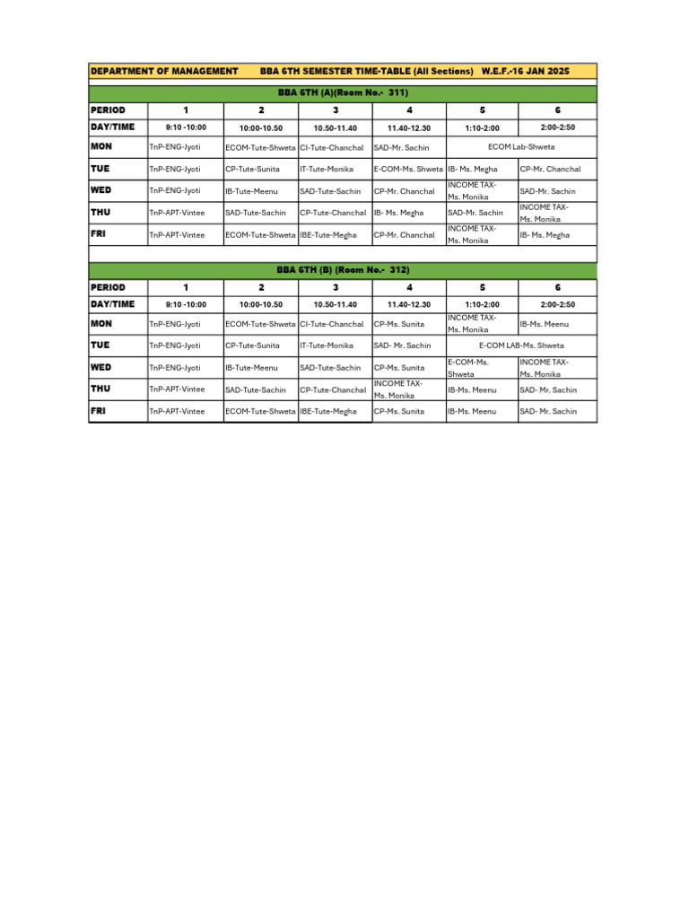 Updated Time-Table-BBA 6th Sem | PDF