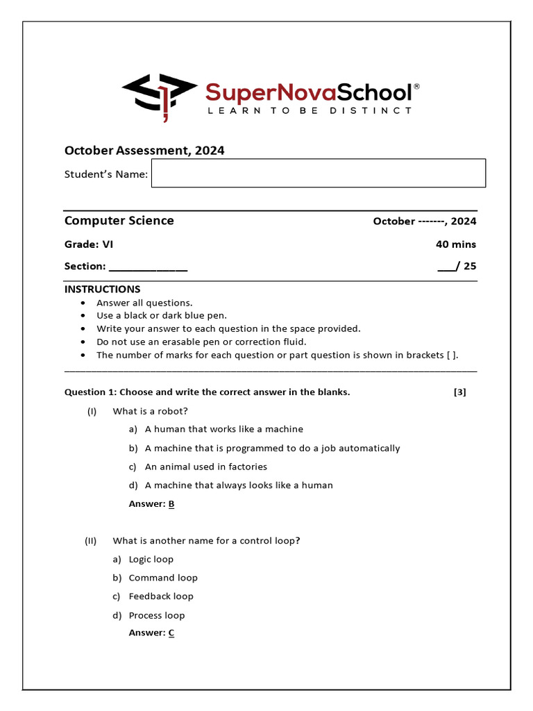 October 2024 Computer Science Assessment | PDF | Robot | Robotics