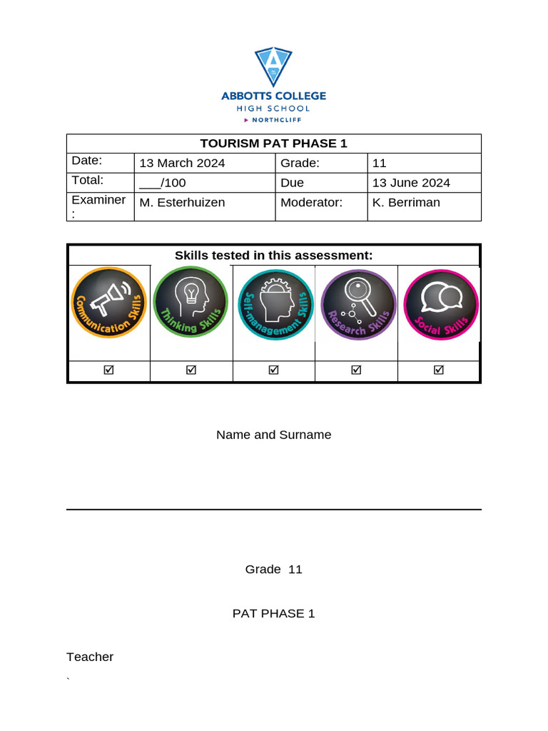 GR 11 Tourism Pat Phase 1 2024 Template | PDF | Plagiarism