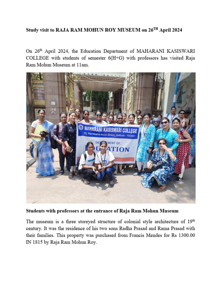 Study Visit to Raja Ram Mohun Roy Museum | PDF