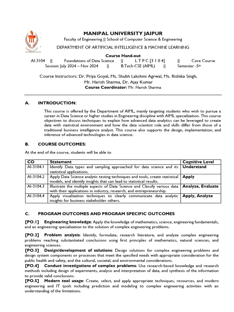 AI3104 Foundation of Data Science (Handout) 2024 | PDF | Bootstrapping (Statistics) | Statistics