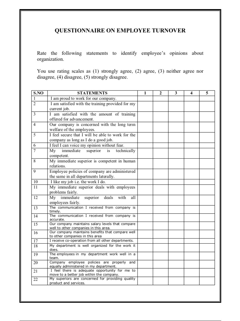 Questionnaire on Employee Turnover