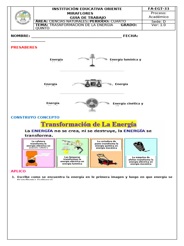 Transformación de Energía en Ciencias | PDF | Fenomeno fisico | Física ...