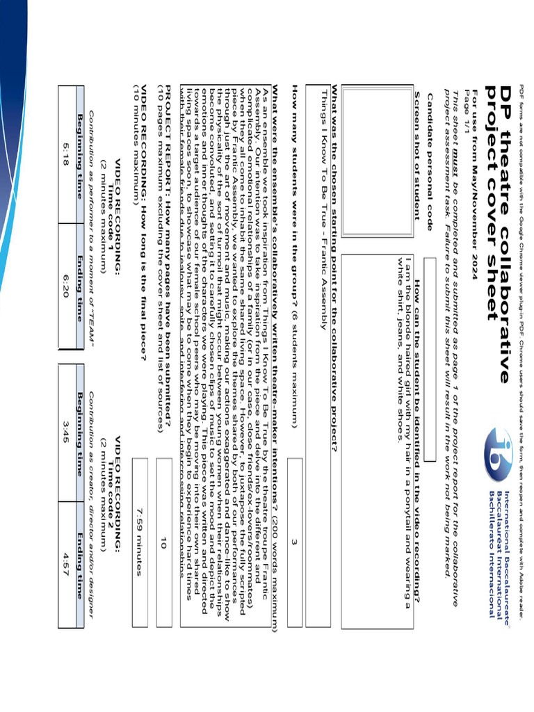 CPP Coursework Cover Sheet IB Theatre | PDF