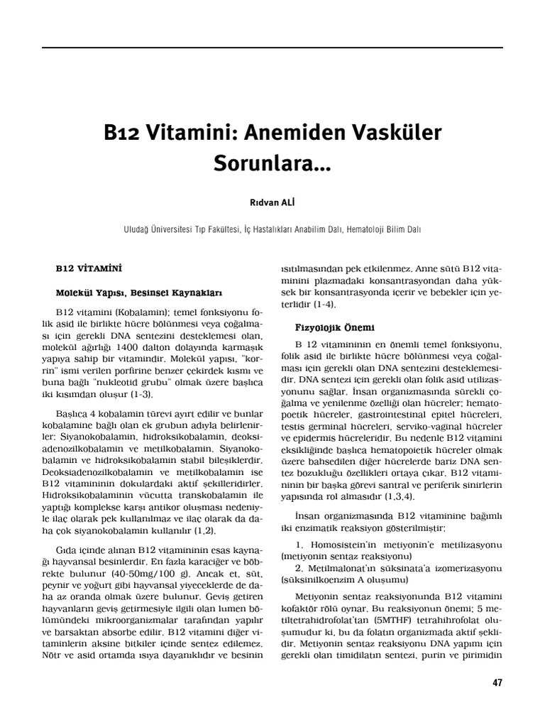 B12 Vitamini: Anemiden Vasküler Sorunlara : R Dvan AL | PDF