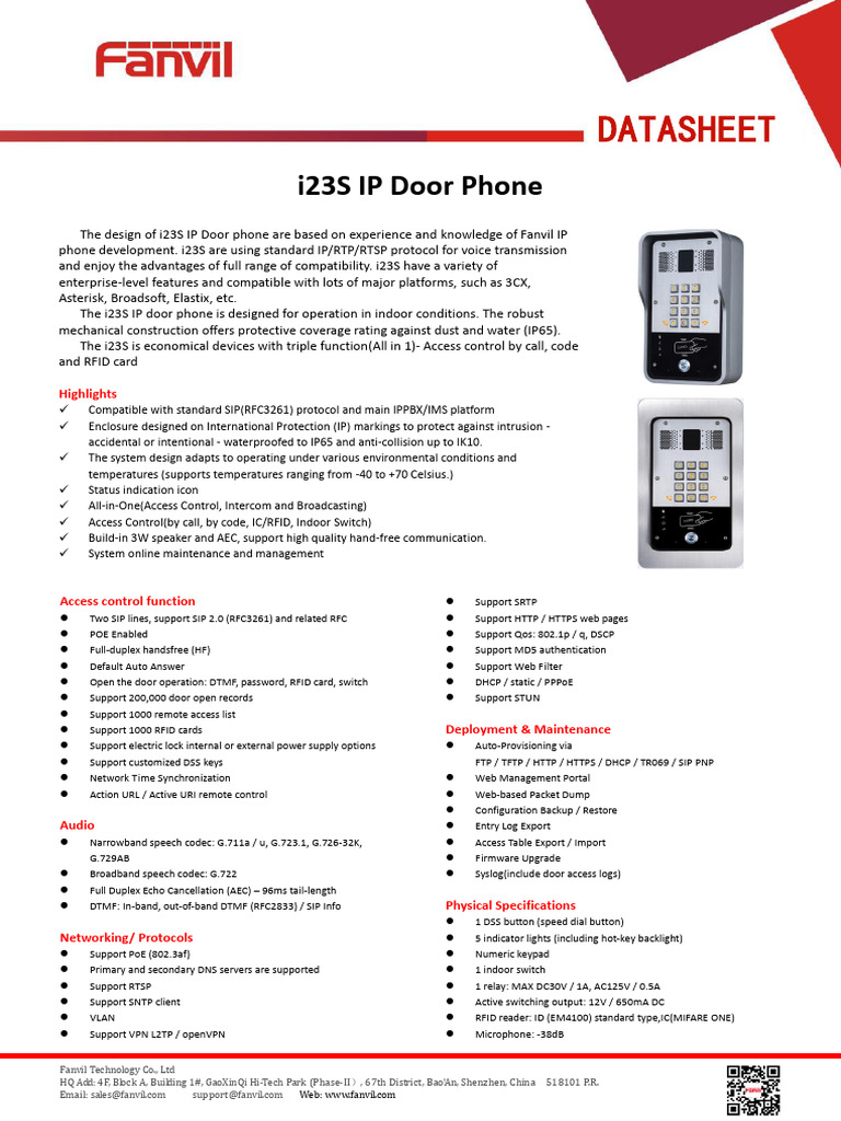 I23s Audio Door Phone-Datasheet | PDF | Session Initiation Protocol | Computer Engineering