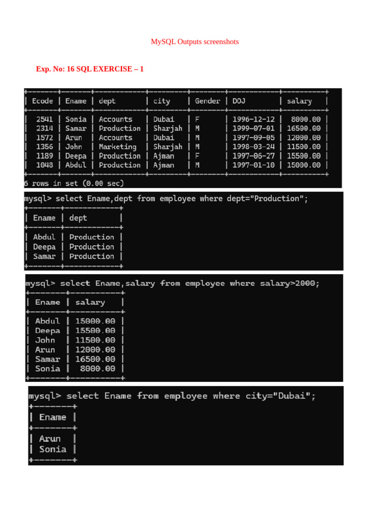SQL EXERCISE - 1,2,3 Outputs | PDF