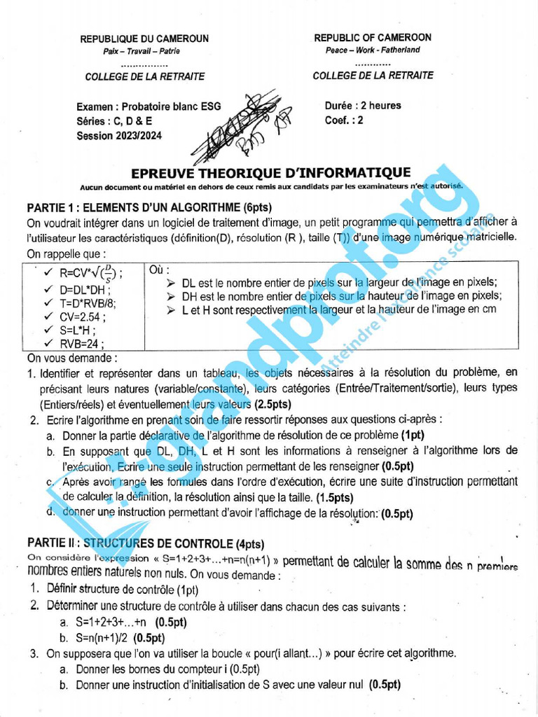 Informatique Probatoire Blanc1 1ereCD College Retraite Novembre 2023 | PDF