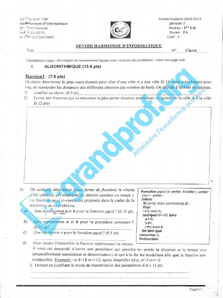 Informatique 1ereCD Harmonise2 College Jean Tabi Novembre 2023 | PDF