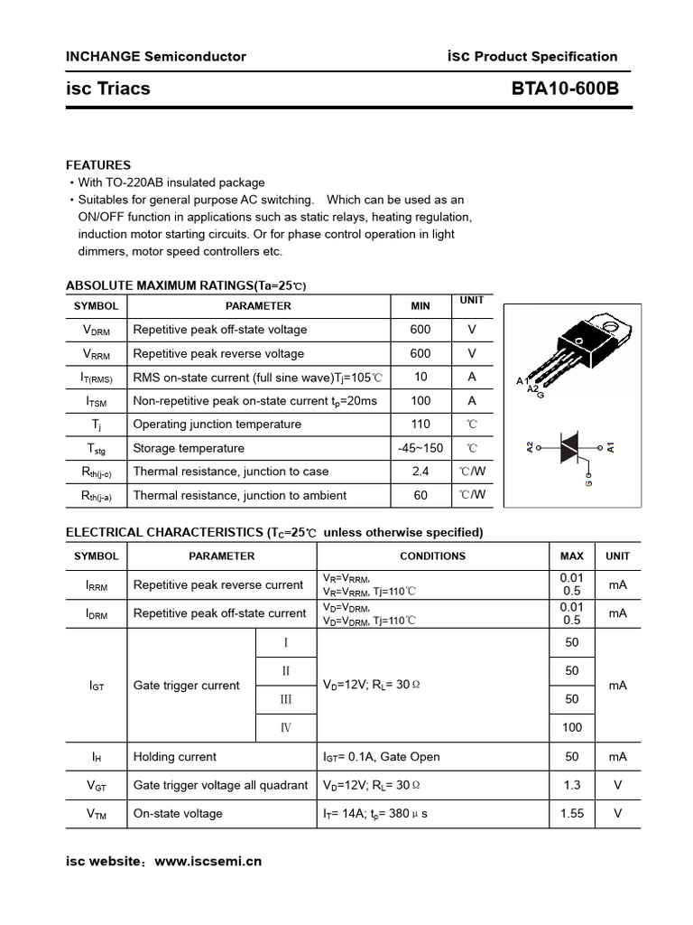 Inchange Semiconductor BTA10 600B Datasheet | PDF | Materials Science | Electrical Components
