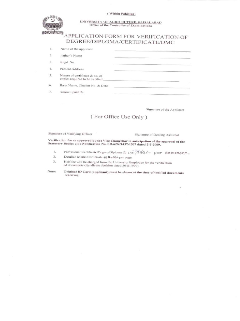 Application Form For Verification of Degree Diploma Certificate DMC ...