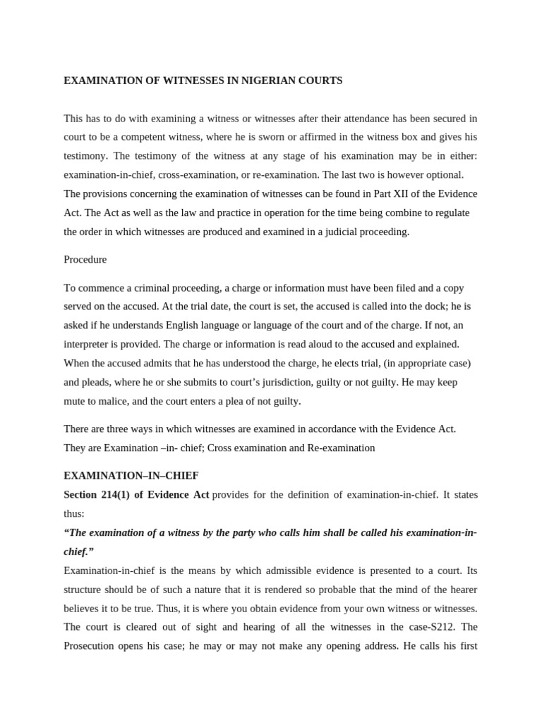 Examination of Witnesses in Nigeria | PDF | Witness | Cross Examination