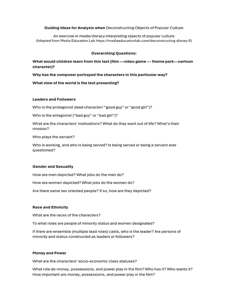 Guiding Ideas For Analysis When Deconstructing Objects of Popular ...